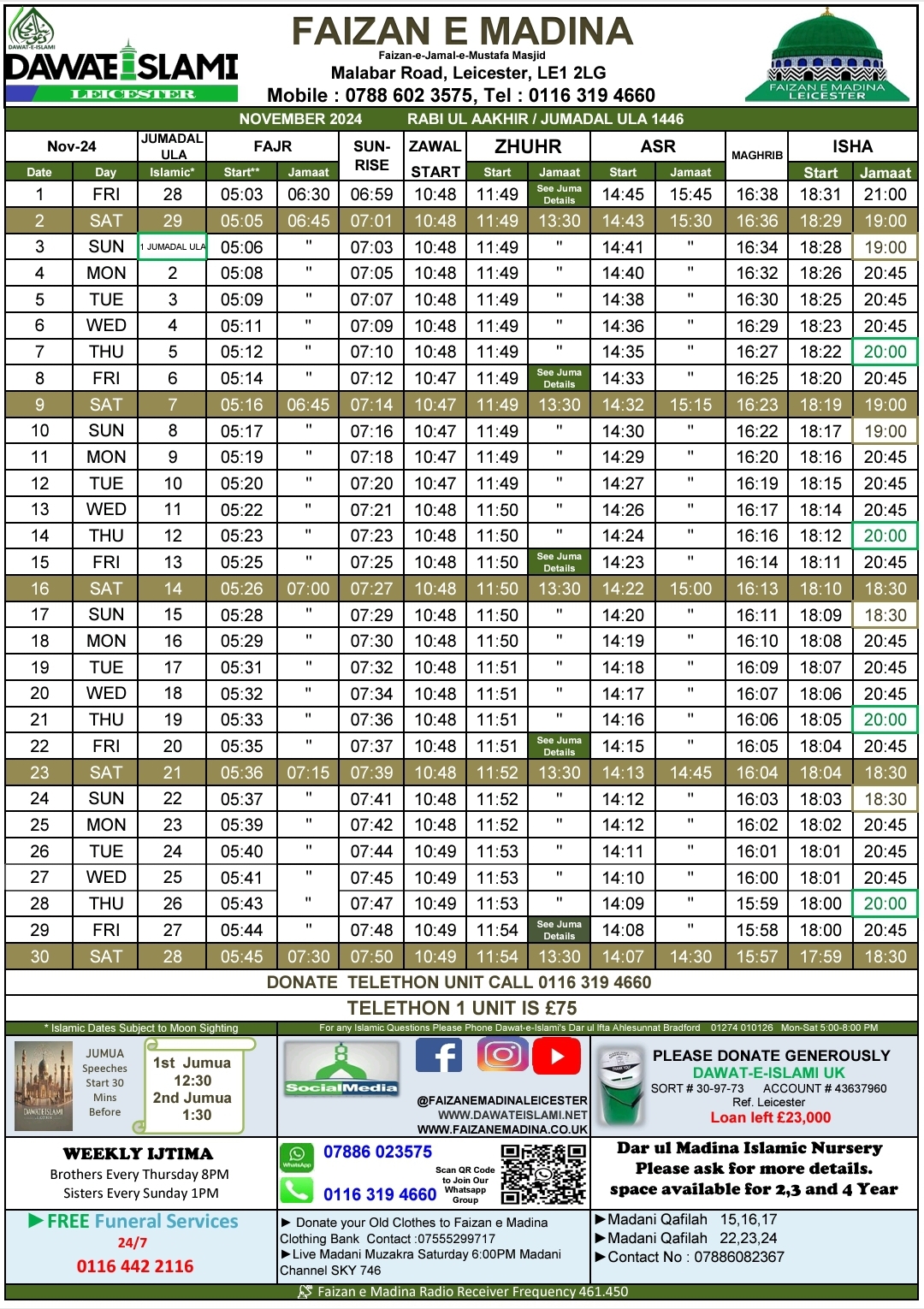 Prayer Time Table - Faizan e Madina Leicester